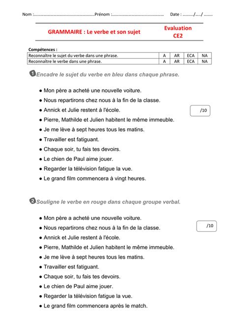 GRAMMAIRE Le Verbe Et Son Sujet Evaluation CE