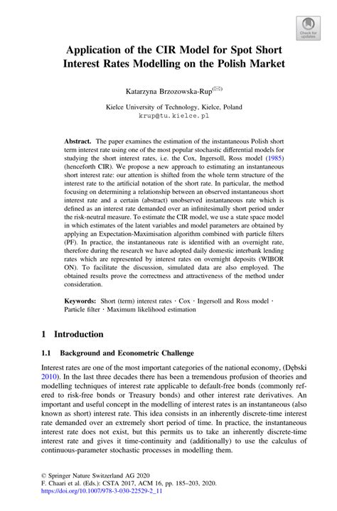 PDF Application Of The CIR Model For Spot Short Interest Rates Modelling On The Polish Market