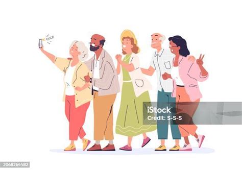 시니어 단체 셀카 현대 조부모가 사진을 찍고 노인은 스마트 폰에서 사진을 찍기 위해 미소 만화 노인 나이 사람들 셀카 초상화 고급 벡터 일러스트 레이 션을 가지고 있습니다