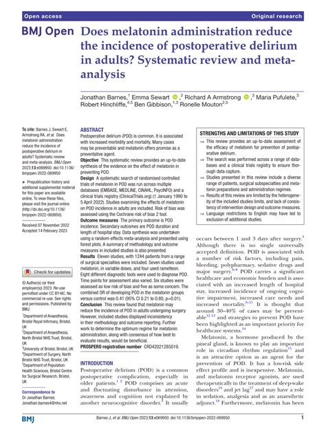 Pdf Does Melatonin Administration Reduce The Incidence Of Postoperative Delirium In Adults