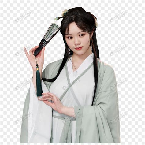 종이 부채를 들고 고대 한 의상을 입은 아름다운 여성