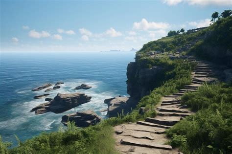 Premium Photo Coastal Cliff Pathway Winding Along The Sea Generative Ai