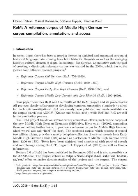 Pdf Rem A Reference Corpus Of Middle High German Corpus Compilation Annotation And Access