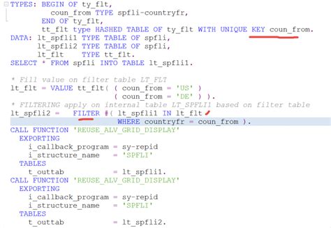 filter on internal table using filter internal table sapcodes