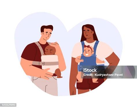 하얀 배경에 고립된 슬링에 아기를 안고 있는 부모 어두운 피부의 엄마와 아빠의 벡터 손으로 그린 그림 벡터에 대한 스톡 벡터