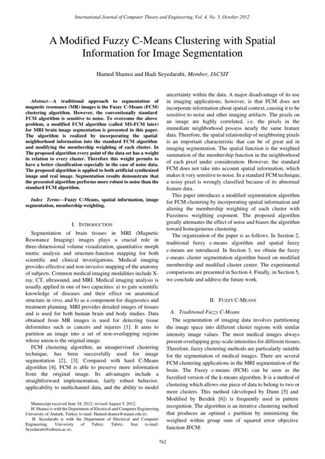 Pdf A Modified Fuzzy C Means Clustering With Spatial Information For Image Segmentation