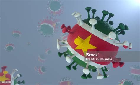 수리남 플래그 인쇄 델타 람다 플러스 변형 3d 렌더와 수리남 플래그 코로나 바이러스의 패턴과 코비드19 바이러스 3차원 형태에