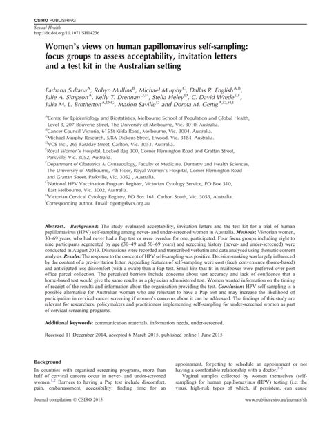 Pdf Womens Views On Human Papillomavirus Self Sampling Focus Groups To Assess Acceptability