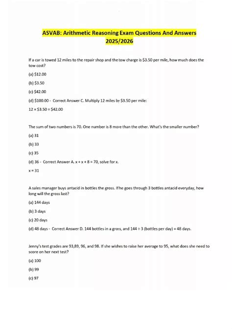 Asvab Arithmetic Reasoning Exam Questions And Answers 2025 2026 Asvab Stuvia Us