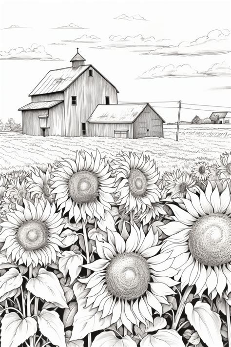 A Beautiful Sketch Of Sunflowers In A Rustic Field Drawings Sketches