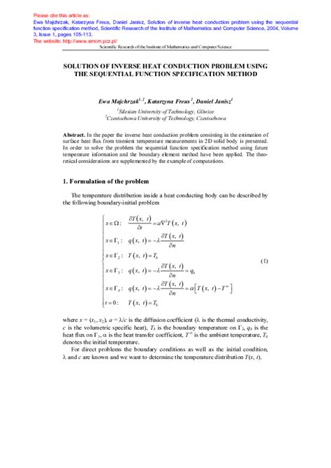 Pdf Solution Of Inverse Heat Conduction Problem Using The Sequential Function Specification Method