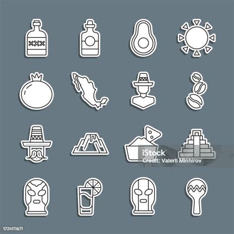 마라카스 마야의 치첸이트사 커피 콩 아보카도 과일 지도 멕시코 토마토 데킬라 병 및 멕시코 남자 솜브레로 아이콘을 설정합니다