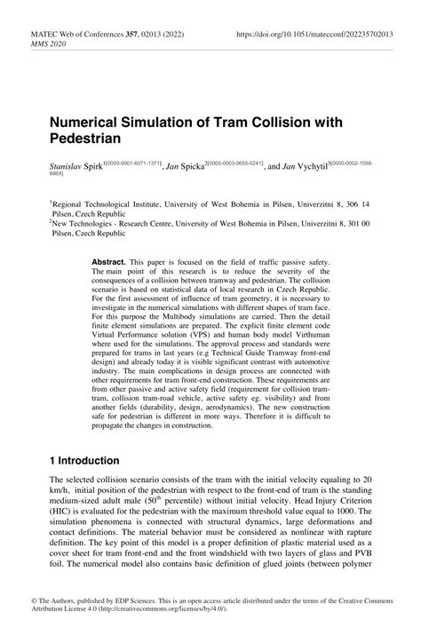 Pdf Numerical Simulation Of Tram Collision With Pedestrian