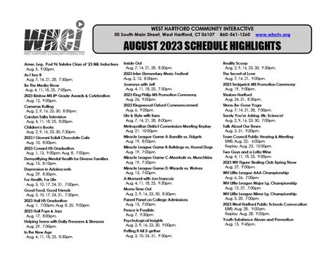 august 2023 programming schedule and highlights west hartford