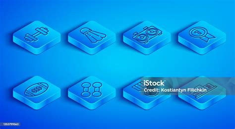 세트 라인 아령 배드민턴 셔틀콕 타임 체스 시계 메달 미식 축구 공 과 스포츠 우승자 연단 아이콘을 통해 상 벡터 3차원 형태에 대한 스톡 벡터 아트 및 기타 이미지