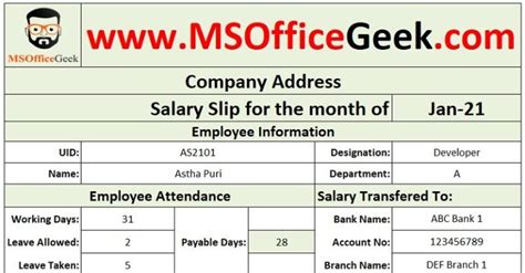 Ready To Use Salary Slip Excel Template India Msofficegeek
