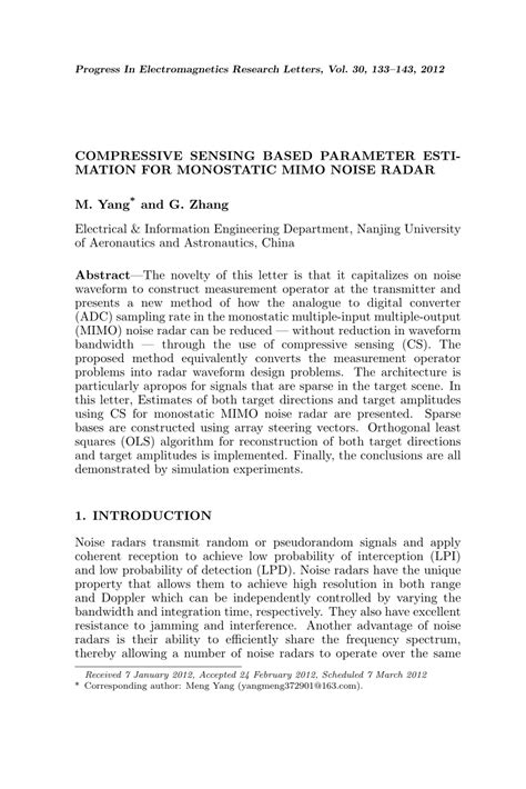 Pdf Compressive Sensing Based Parameter Estimation For Monostatic