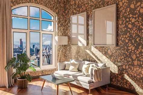 아치형 창문과 도심의 파노라마 전망을 자랑하는 고급스러운 로프트 아파트입니다 고귀한 인테리어 거실 디자인 모형 3d 그림 0명에 대한 스톡 사진 및 기타 이미지 Istock