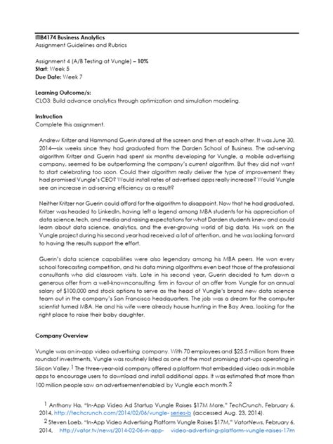 Itib4174 Business Analytics Assignment 4 A B Testing At Vungle Pdf Mobile App Advertising