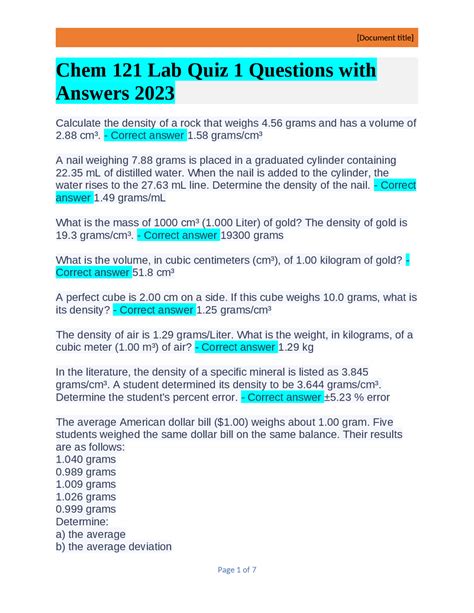 Chem 121 Lab Quiz 1 Questions With Answers 2023 Exams Chemistry Docsity