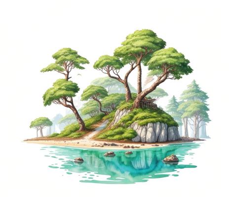 Watercolor Painting Of An Island Forest In The Ocean Stock Illustration Illustration Of