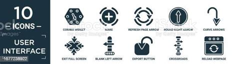채워진 사용자 인터페이스 아이콘 세트입니다 플랫 코너 위젯 만들기 새로 고침 페이지 화살표 버튼 둥근 오른쪽 화살표 곡선 화살표 전체 화면 화살표 종료 빈 왼쪽 화살표