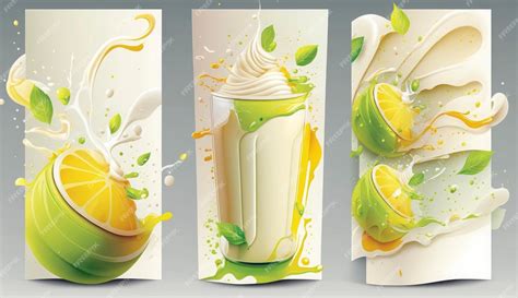 칵테일 현실적인 밀크 쉐이크 3d 라임 레몬 과일 떨어지는 조각과 튀는 우유 요거 밀키 포장 디자인 요소 수분이 많은 광고 감귤 Ai 생성 프리미엄 사진