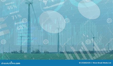 animation of statistical data processing over windmills spinning