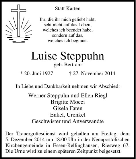 Traueranzeigen Von Luise Steppuhn Trauer In Nrw De