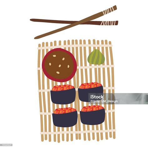 생선 캐비어 젓가락 간장 와사비 나무 매트를 곁들인 스시 롤 아시아 음식 메뉴 스티커 벽 예술 레스토랑 로고에 대 한 귀여운 손으로 그린 만화 그림 0명에 대한 스톡 벡터