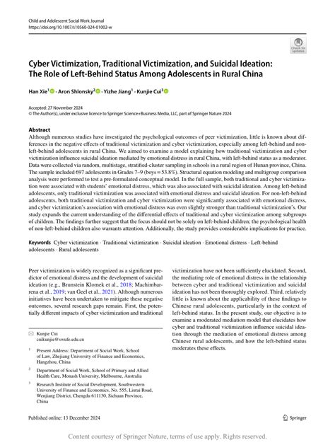 Cyber Victimization Traditional Victimization And Suicidal Ideation The Role Of Left Behind