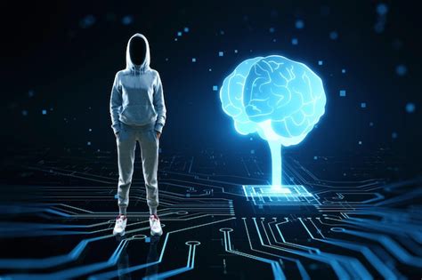Premium Photo Hacker With Glowing Circuit Brain Hologram On Dark Background Ai Hacking Data