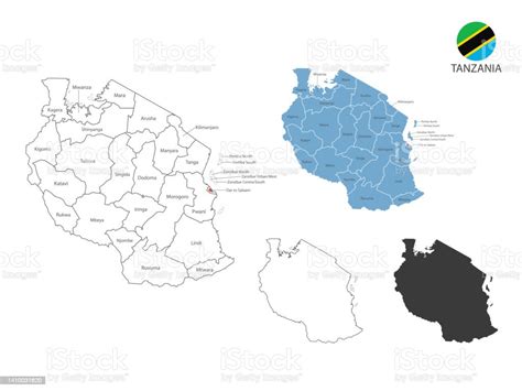 탄자니아지도 벡터 일러스트 레이 션의 4 스타일은 모든 지방을 가지고 탄자니아의 수도를 표시합니다 얇은 검은 윤곽선 단순 스타일과 어두운 그림자 스타일 흰색 배경에 고립되어