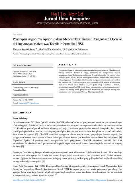 Pdf Penerapan Algoritma Apriori Dalam Menentukan Tingkat Penggunaan Open Ai Di Lingkungan