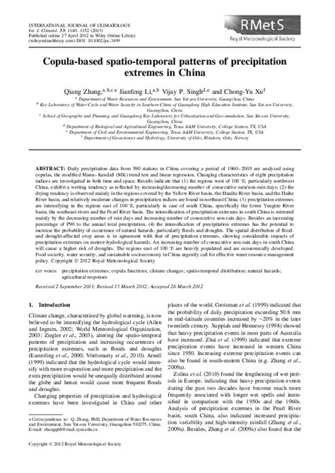 Pdf Copula Based Spatio Temporal Patterns Of Precipitation Extremes In China