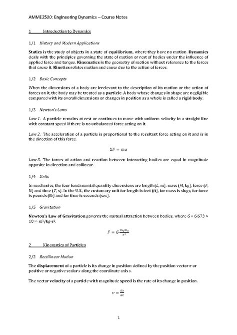 Amme2500 Engineering Dynamics Course Notes High Distinction 1