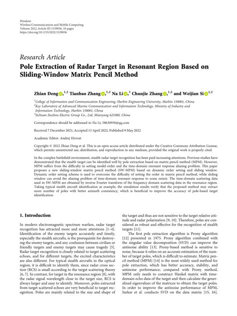 Pdf Pole Extraction Of Radar Target In Resonant Region Based On