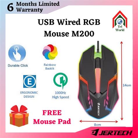 Easypos Jertech Usb Optical Wired Gaming Mouse With Rgb Colourful Rainbow Led Free Mousepad M200