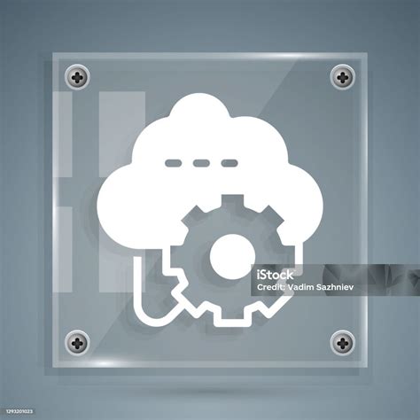 흰색 클라우드 기술 데이터 전송 및 저장 아이콘은 회색 배경에 격리되어 있습니다 조정 서비스 설정 유지 보수 수리 고정 정사각형 유리 패널 벡터 개념에 대한 스톡 벡터 아트