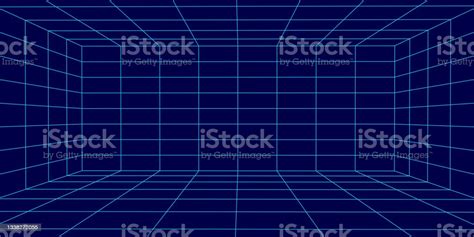 파란색 배경의 와이어 프레임 룸 벡터 원근 그리드입니다 디지털 공간이 있는 박스 와이어 프레임 모델에 대한 스톡 벡터 아트 및 기타 이미지 와이어 프레임 모델 0명