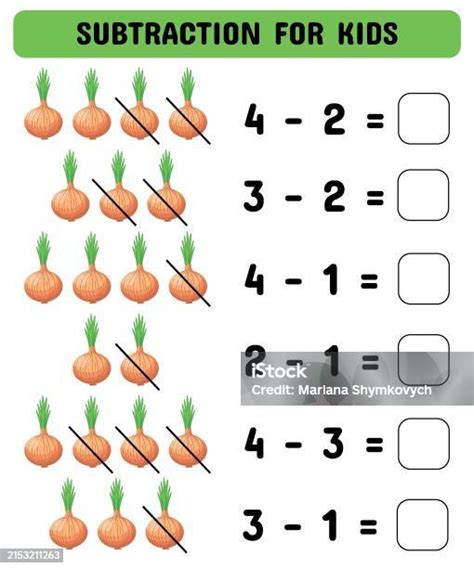 양파를 사용한 뺄셈 게임 유치원생과 미취학 아동을 위한 수학 게임 인쇄 가능한 시트 벡터 일러스트 레이 션 공부에 대한 스톡