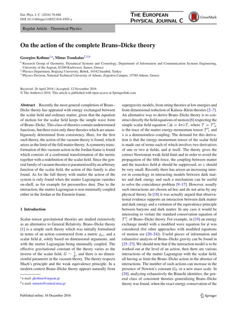 Pdf On The Action Of The Complete Bransdicke Theory