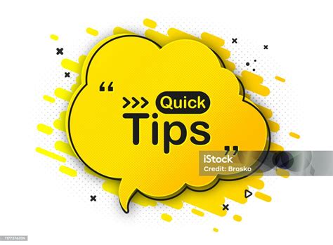 빠른 팁 유용한 트릭 도구 설명 웹 사이트에 대한 힌트 유용한 정보와 다채로운 배너 솔루션의 아이콘 조언 하프톤 효과와 배경에 검은 색 텍스트와 노란색 음성 거품 Brand