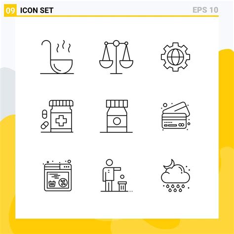 User Interface Pack Of 9 Basic Outlines Of Bank Bottle Globe Beach Fitness Editable Vector