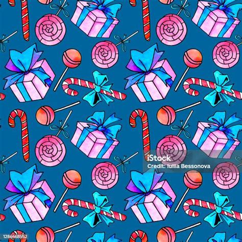수채화 사탕 지팡이 과자 롤리팝 선물 상자와 원활한 패턴 손으로 그린 새해 크리스마스 휴일 배경과 질감 인사말 카드 포장지 직물 인쇄용 0명에 대한 스톡 벡터 아트 및 기타