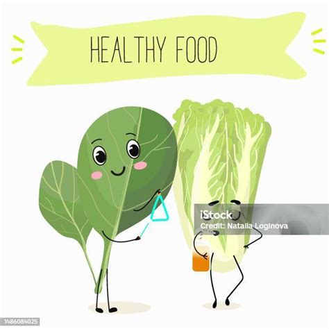 재미있는 캐릭터 배추 양상추 양배추 북경 시금치가 있는 삽화 재미 있고 건강한 음식 비타민 샐러드 귀여운 얼굴 음식 재료 채식