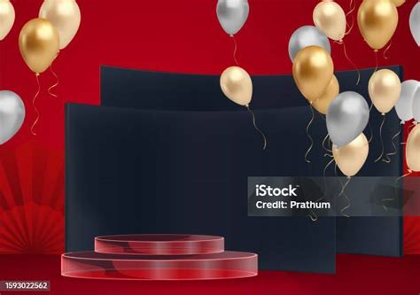 빨간색 배경에 금색과 은색 풍선이 있는 검은색 연단 벡터 그림 3차원 형태에 대한 스톡 벡터 아트 및 기타 이미지 3차원 형태 강단 경쟁 Istock
