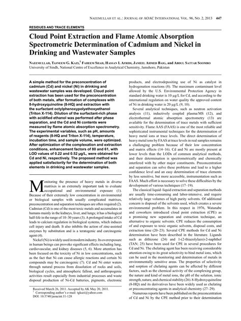 Pdf Cloud Point Extraction And Flame Atomic Absorption Spectrometric Determination Of Cadmium