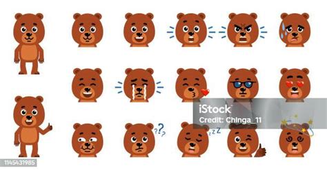 만화 테 디 베어 이모티콘 세트입니다 다양 한 표정을 보여주는 재미 곰 새끼 아바타 행복 슬픈 미소 웃음 심각 하 고 다른 감정 곰에 대한 스톡 벡터 아트 및 기타 이미지