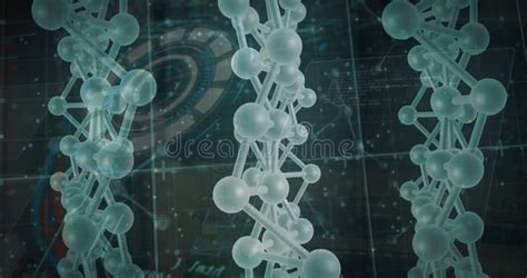 Image Of Molecules And Dna Strand Over Data Processing With Scope Scanning On Black Background